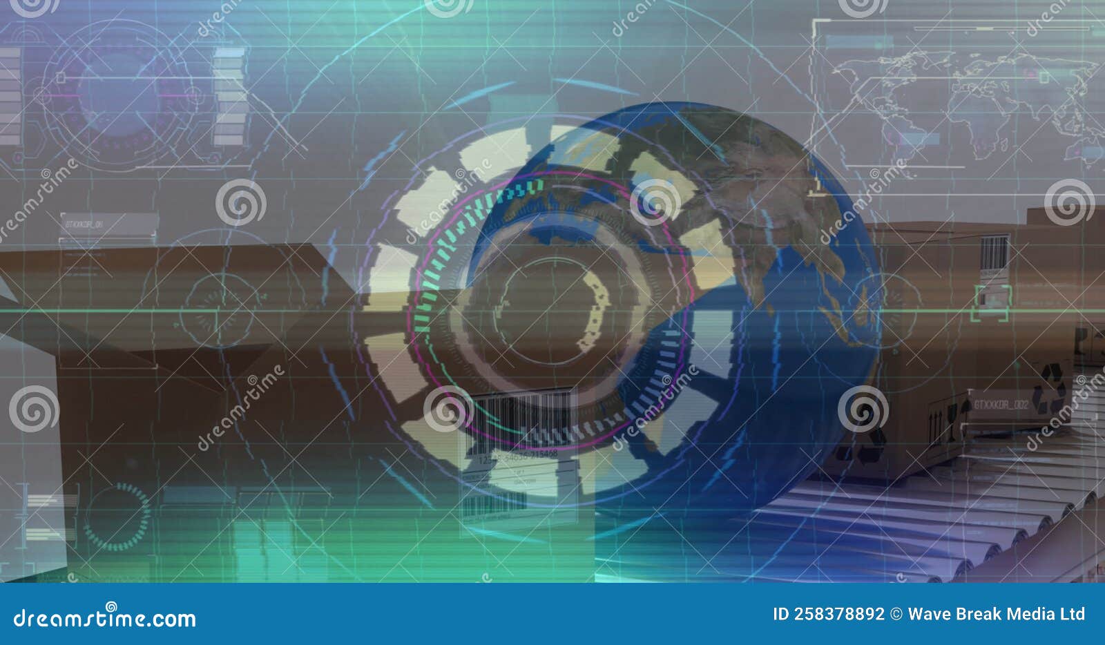 Composite of Infographic Interface Over Globe and Cardboard Boxes on ...