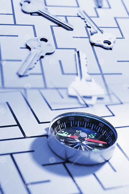 Keys and Compass on Labyrinth Stock Image - Image of labyrinth ...