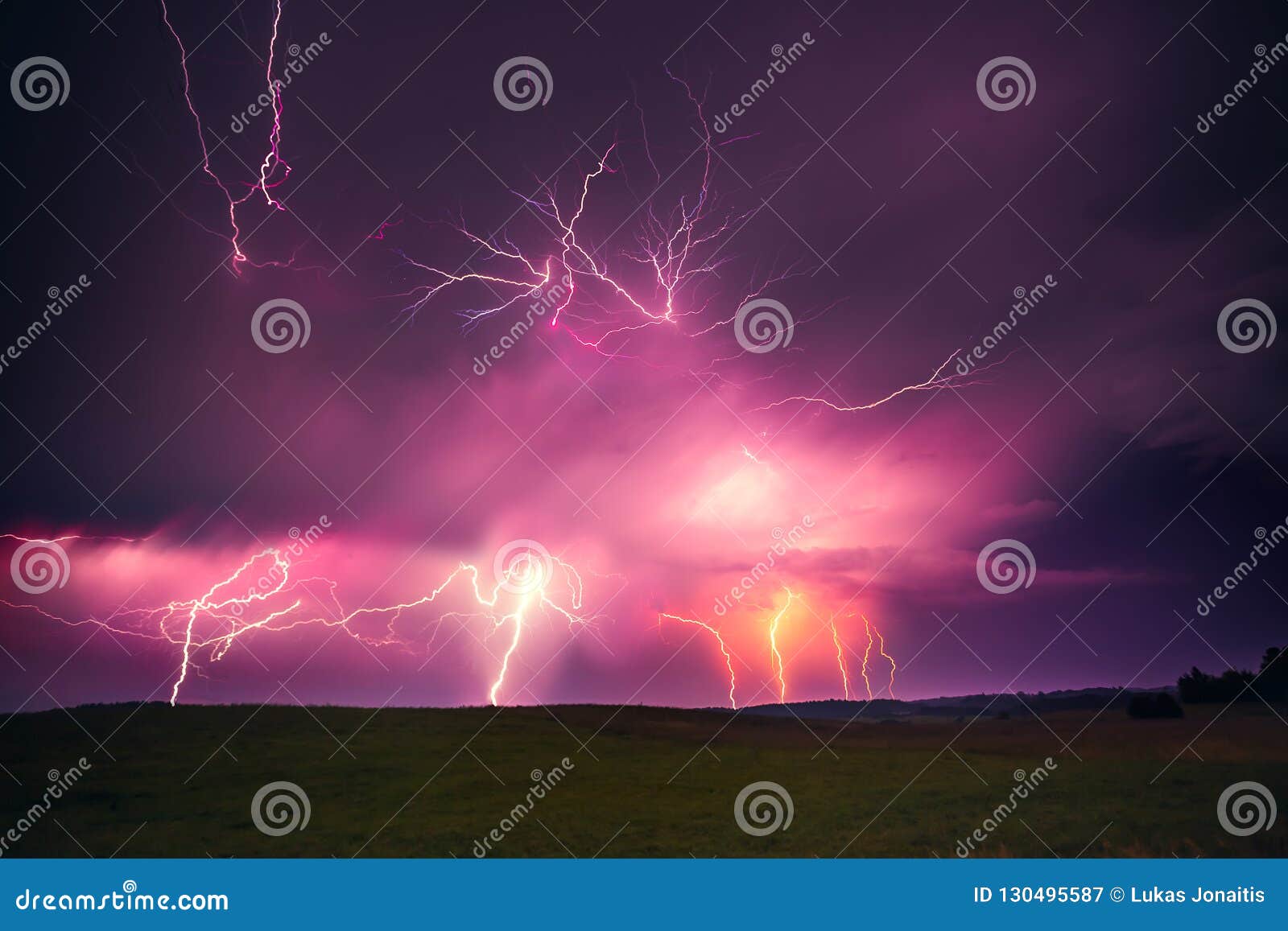 Composite Landscape Image of Lightning Thunder-storm, Lithuania Stock ...