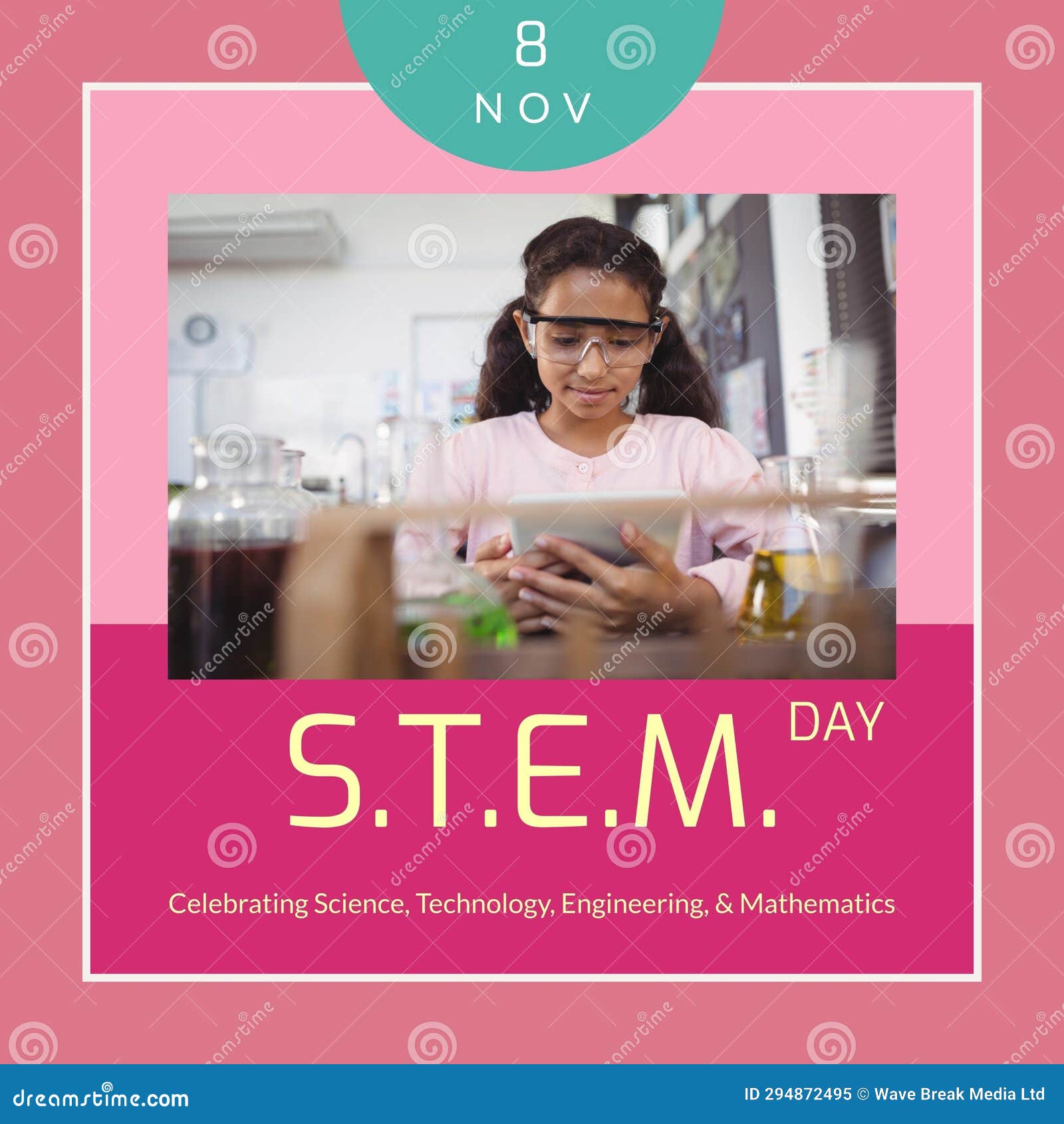 Composite of 8 Nov, Stem Day Text with Biracial Girl Using Digital Tablet in Laboratory Stock ...
