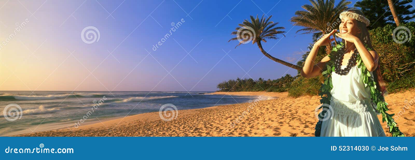 Composite Panoramic Image of Hawaiian Native Dancer and Coastline in ...