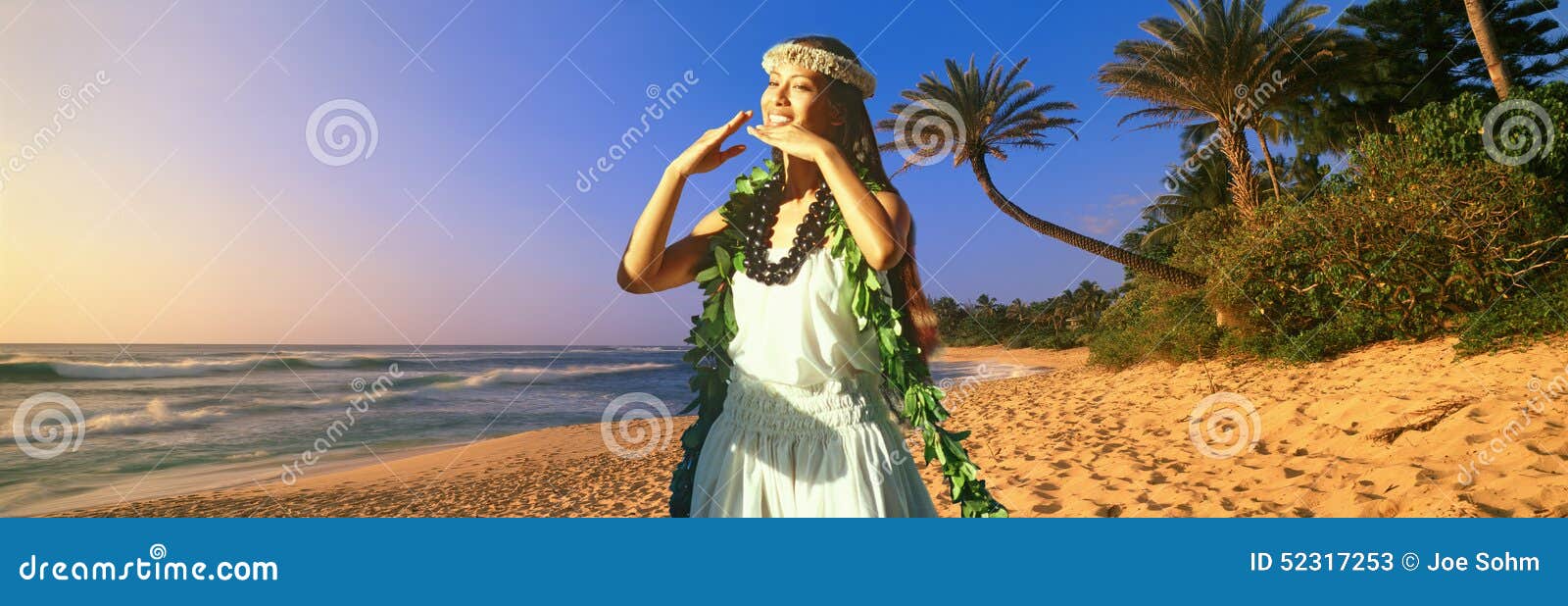 Composite Panoramic Image of Hawaiian Native Dancer and Coastline in ...