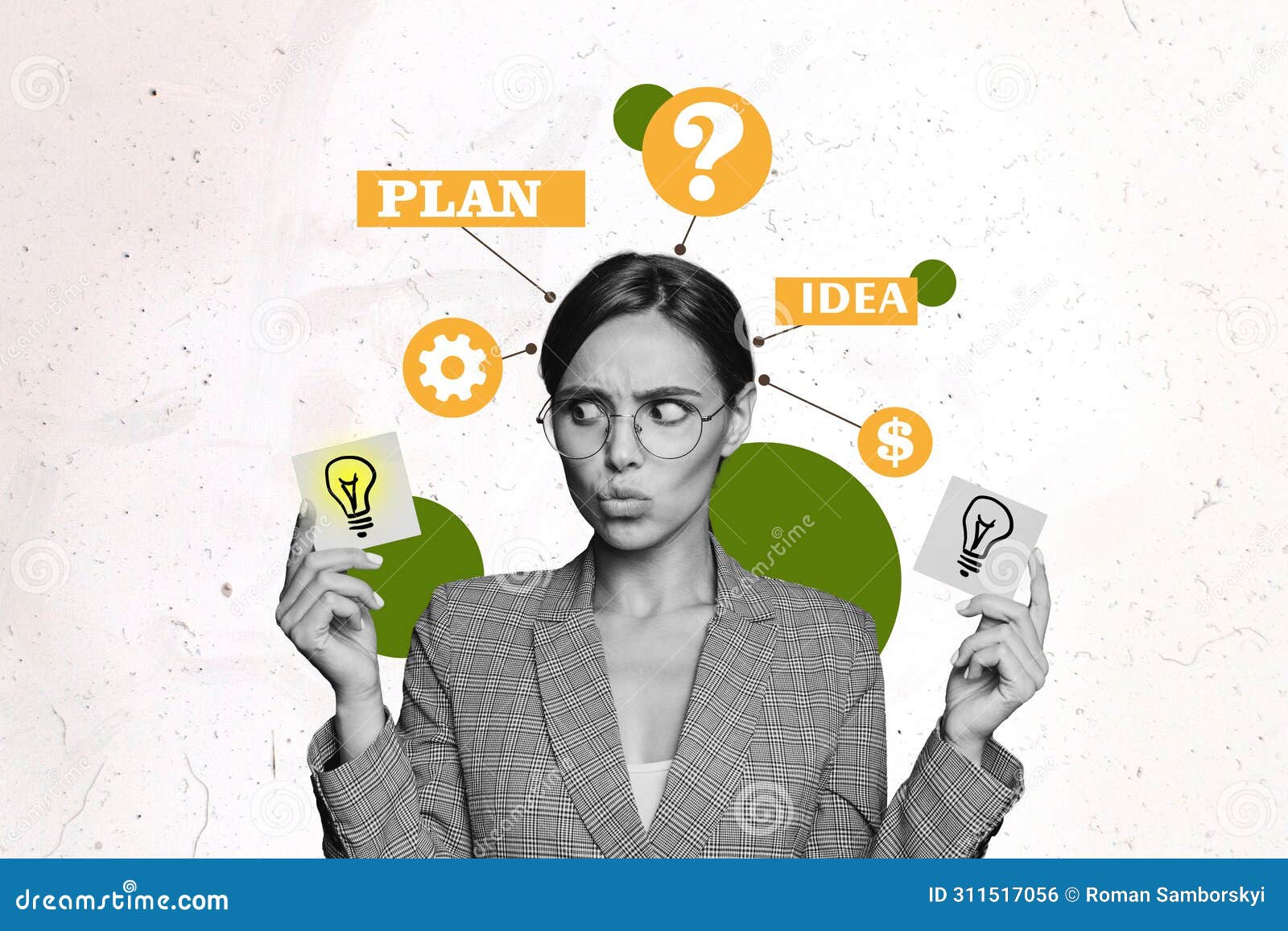 Composite Photo Collage of Doubtful Girl Choose Light Bulb Plan Idea ...