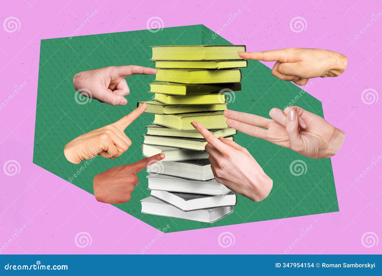 Composite Photo Collage of Hand Point Book Stack Education Concept ...