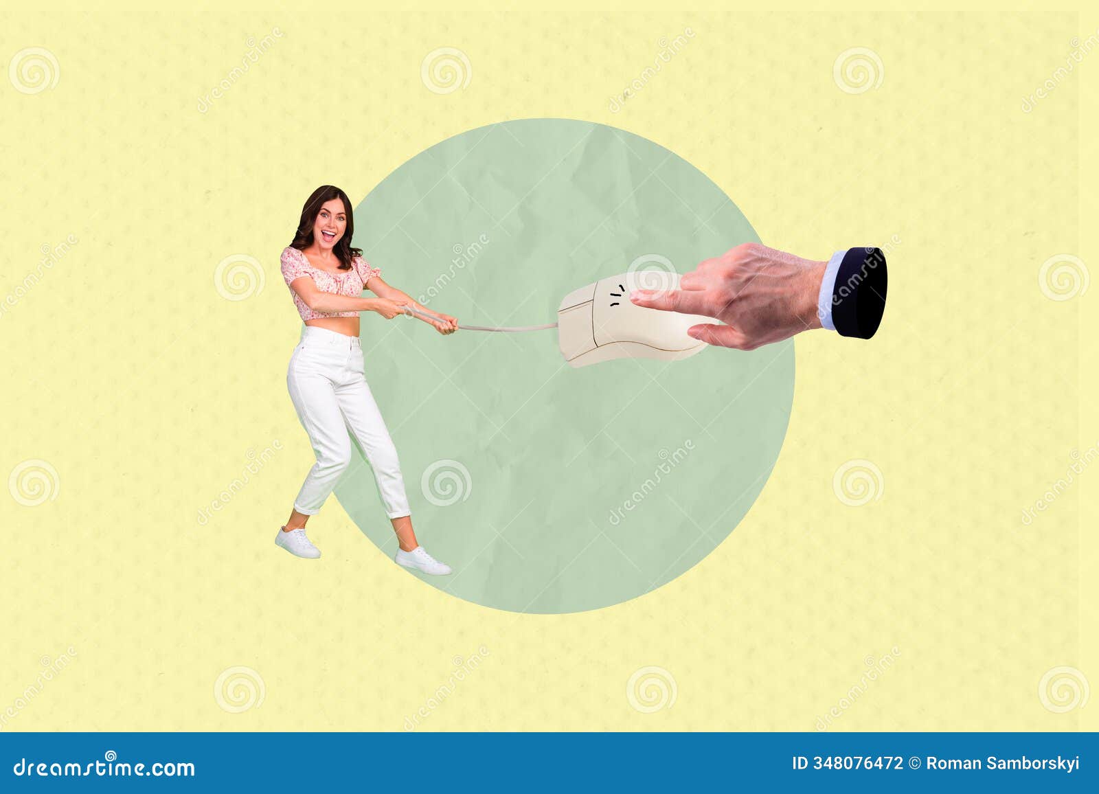 Composite Photo Collage of Happy Girl Pull Wire Cable Mouse Device Hand ...