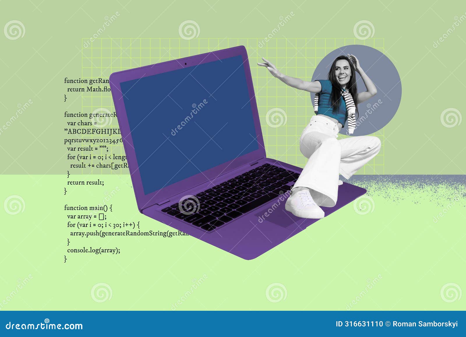 Composite Photo Collage of Happy Girl Sit Macbook Device Digital Code ...