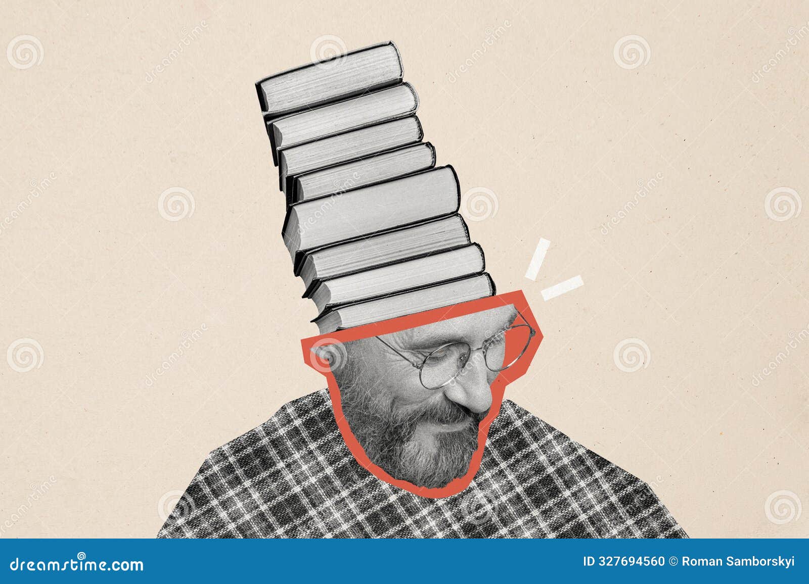Composite Photo Collage of Happy Man Cut Head Book Stack Education ...