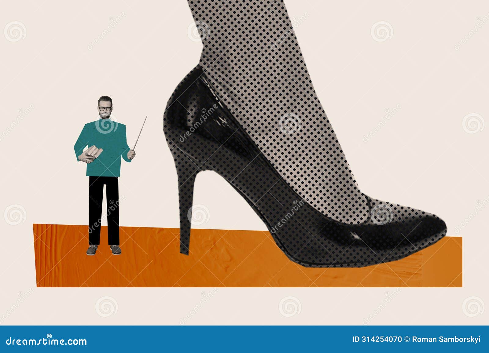 Composite Photo Collage of Huge Female Leg Heels Boss Tiny Man Stand ...