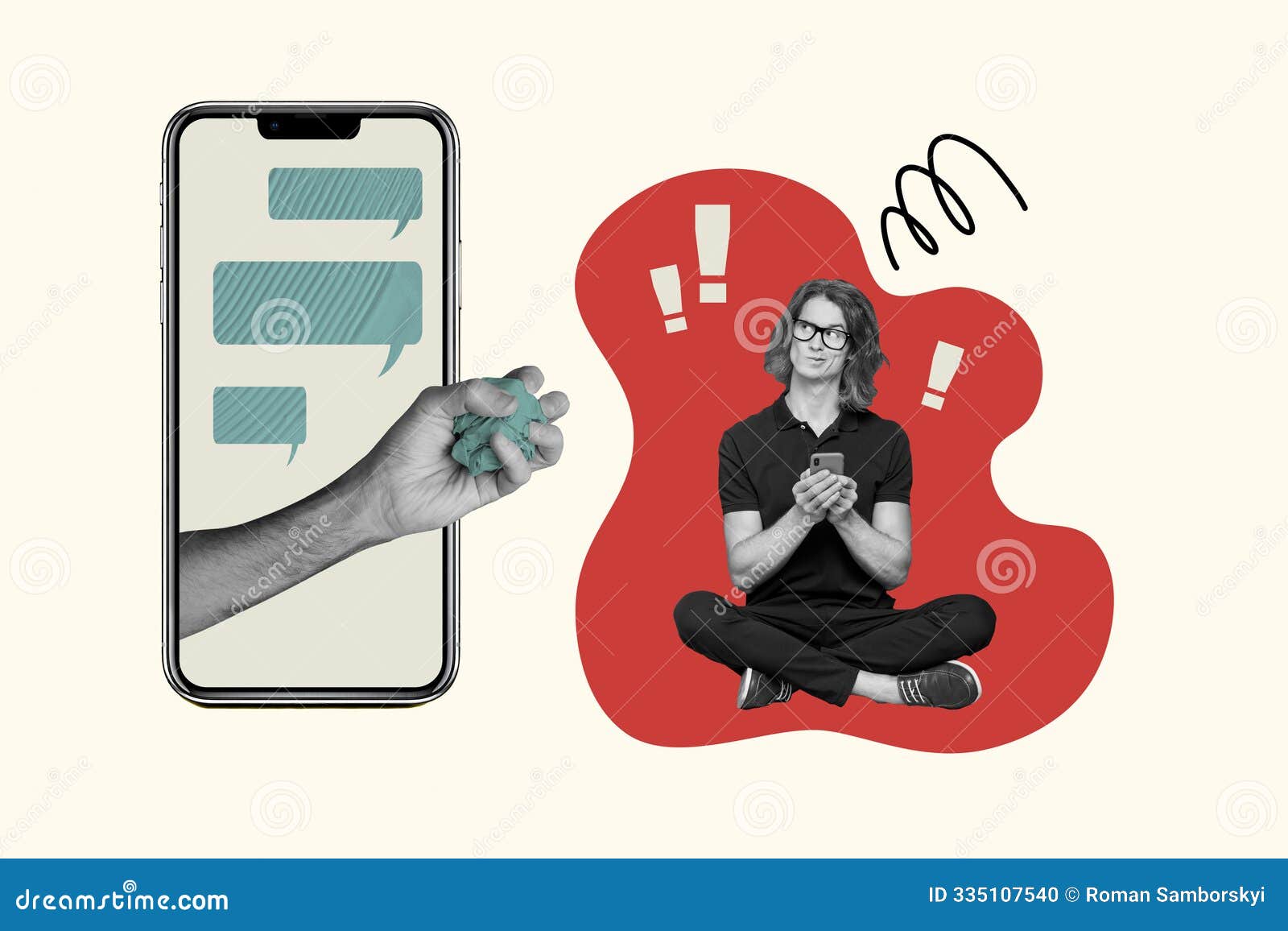 Composite Photo Collage of Minded Geek Guy Hold Iphone Device Hand ...