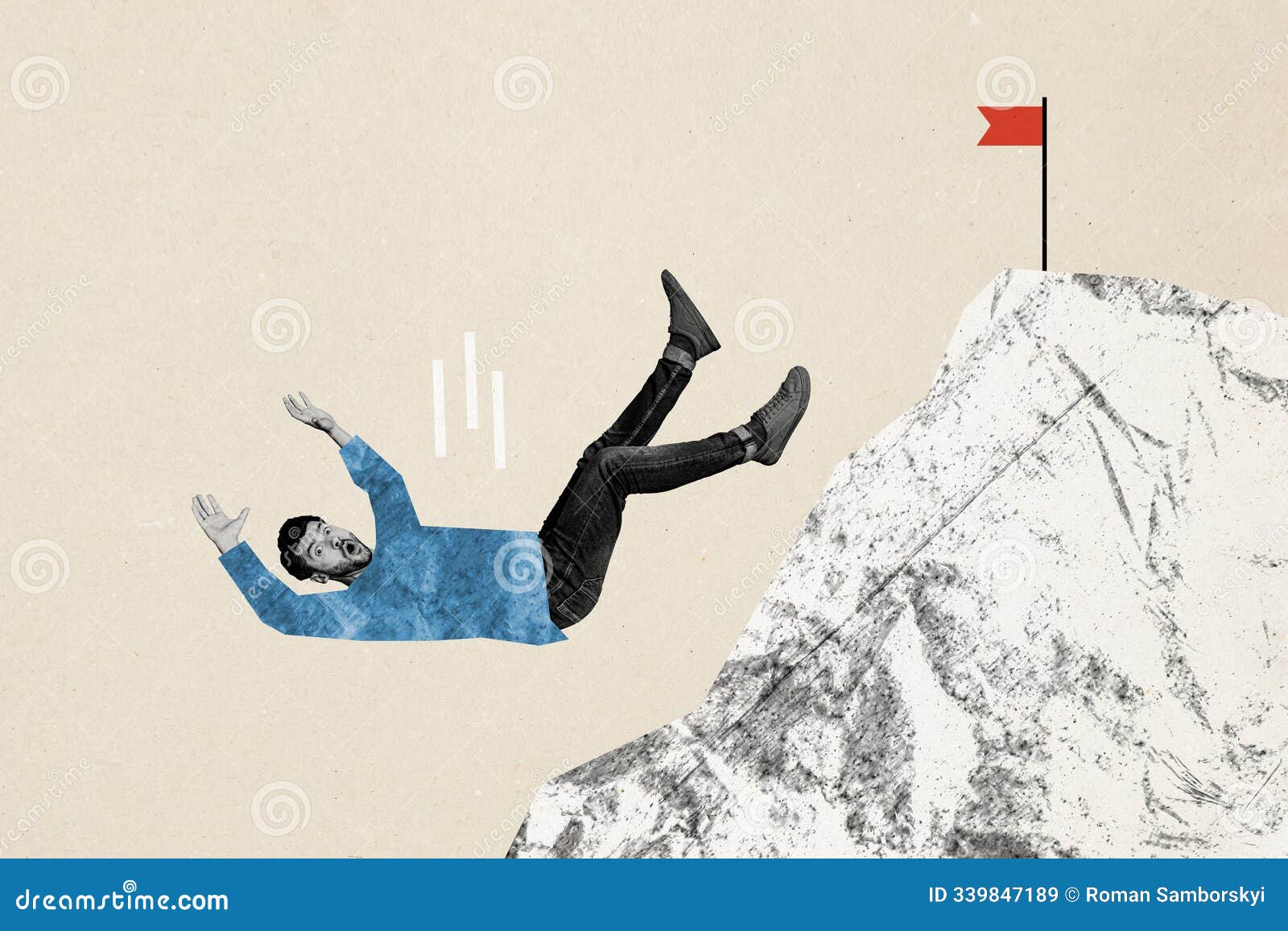 Composite Photo Collage of Scared Man Fall Mountain Hill Flagpole Aim ...