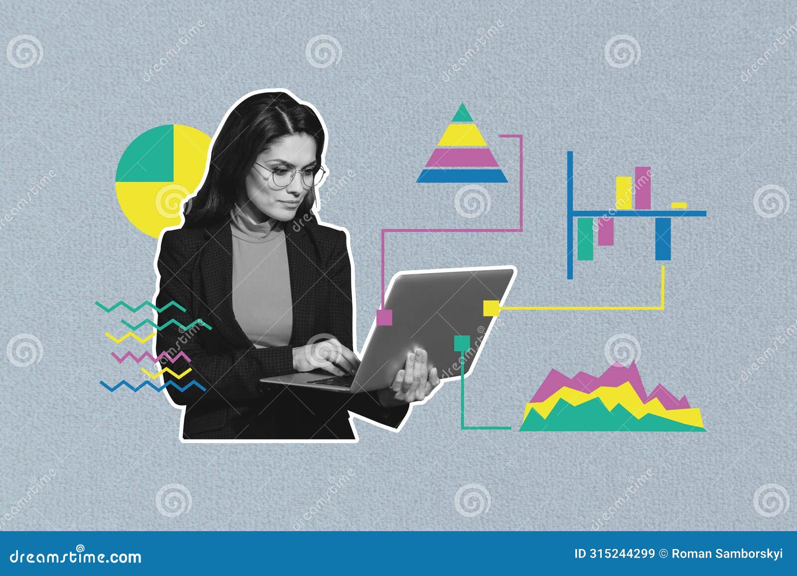 Composite Photo Collage of Serious Businesswoman Type Macbook Interface ...