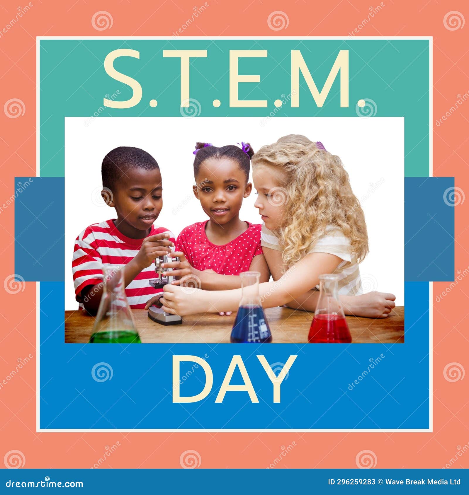 Composite of Stem Day Text with Diverse Students Using Microscope with ...