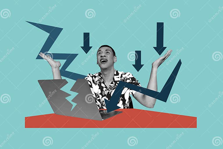Composite Trend Artwork Photo Collage of Teal Backdrop Caricature Workspace Young Sad Man Crisis ...