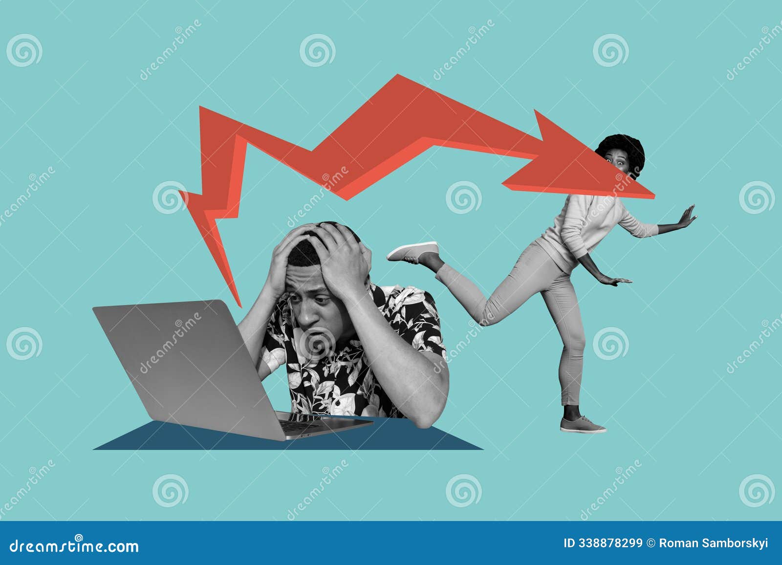 Composite Trend Artwork Photo Collage of Teal Backdrop Caricature Workspace Young Sad Man Lady ...