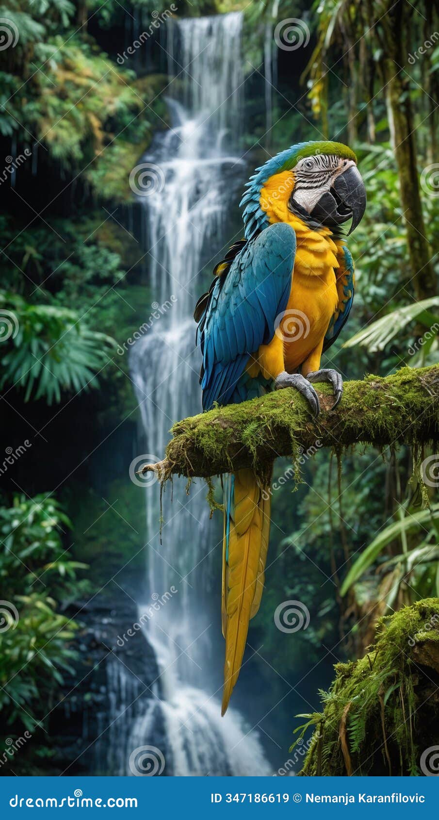 Composite of Vibrant Parrot on Branch and Lush Rainforest with ...