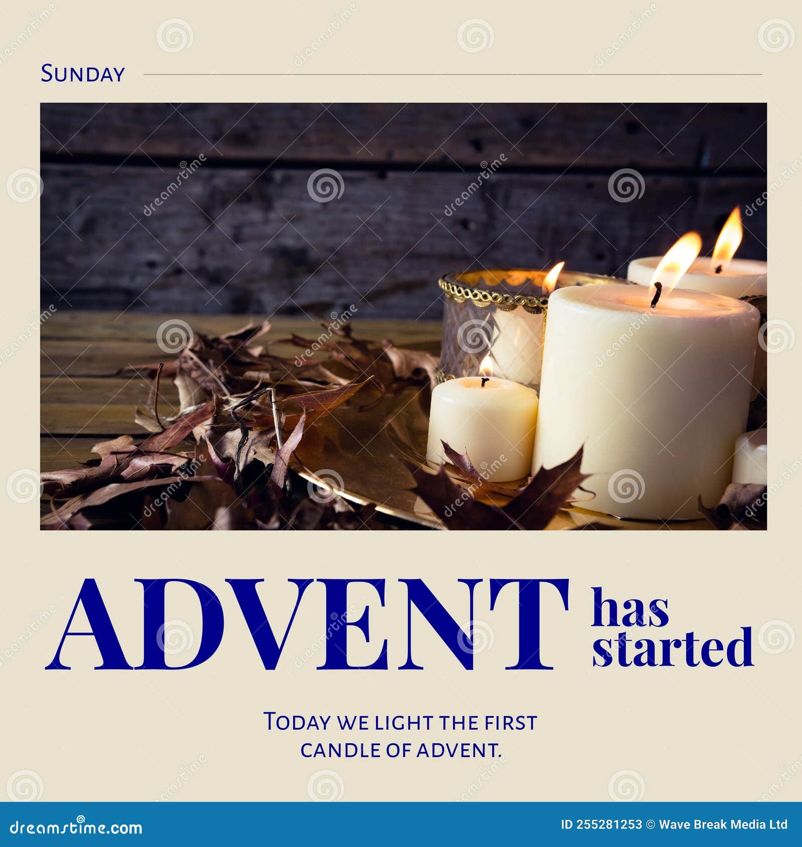 Composition of Advent Has Started Text with Candles and Leaves on Beige ...