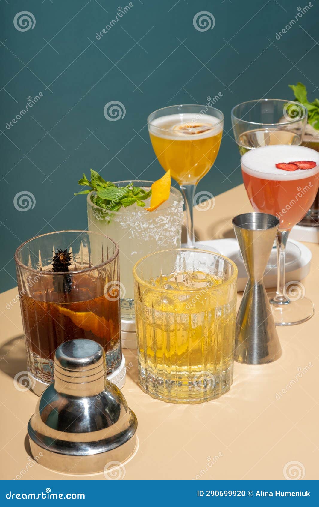 Composition with Alcoholic Cocktails and Bar Tools on Podiums on ...