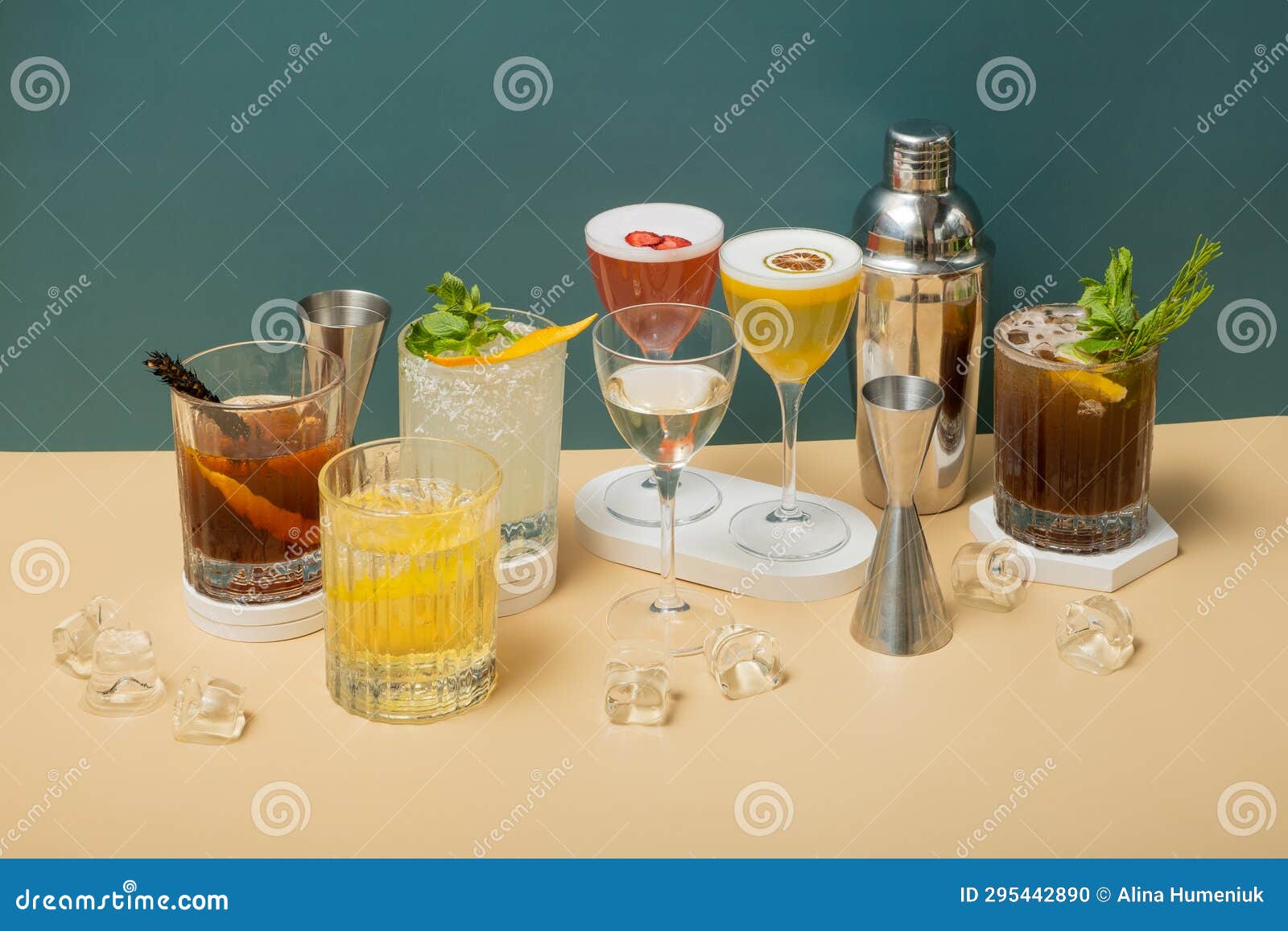 Composition with Alcoholic Cocktails and Bar Tools on Podiums on ...