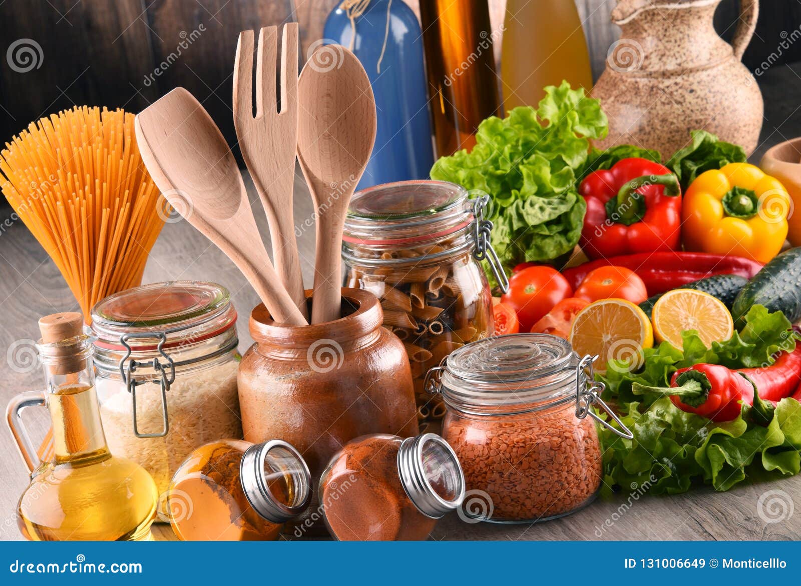 Composition with Assorted Food Products and Kitchen Utensils Stock ...
