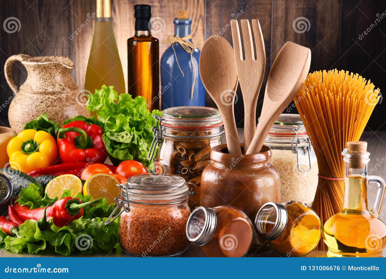 Composition with Assorted Food Products and Kitchen Utensils Stock ...