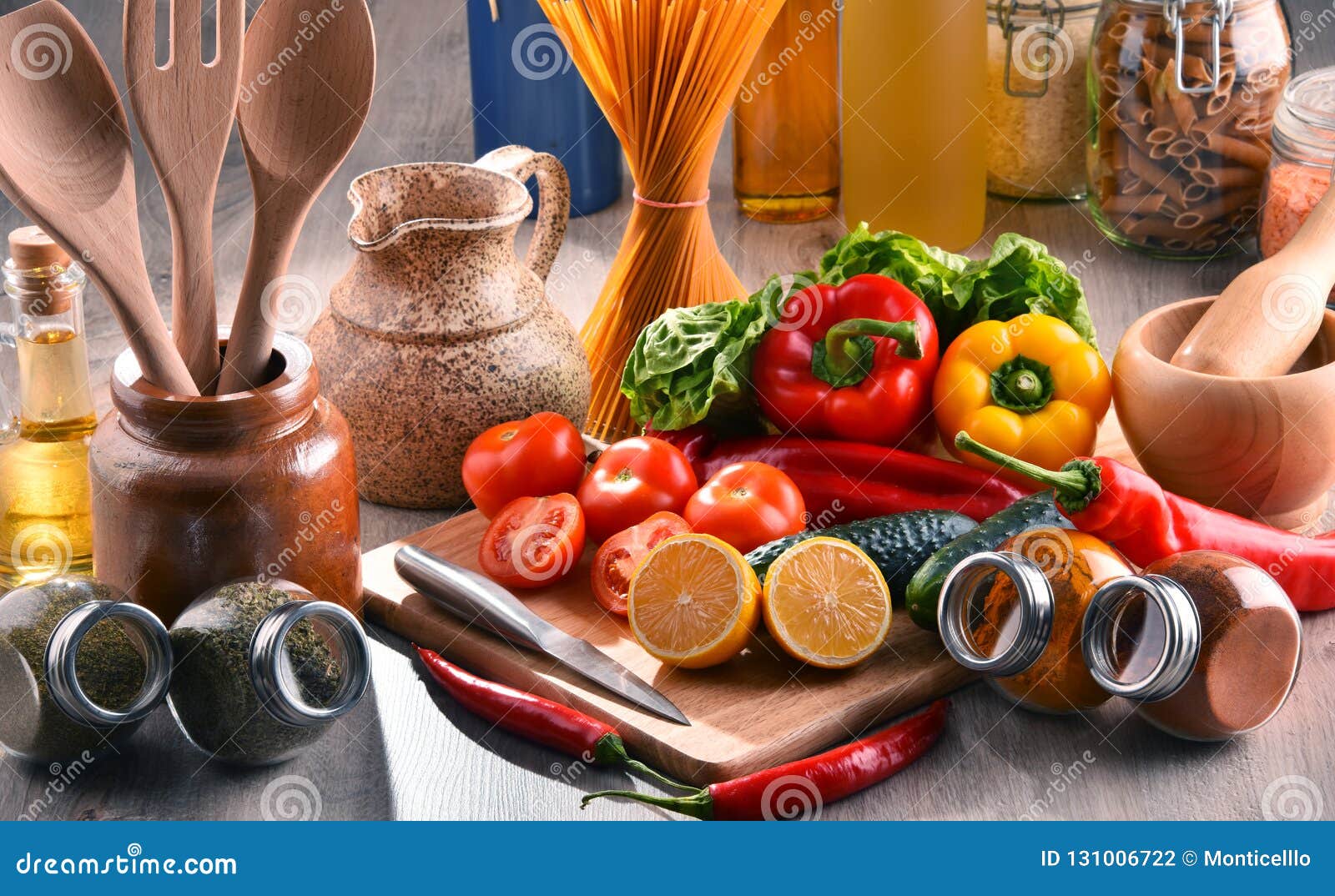 Composition with Assorted Food Products and Kitchen Utensils Stock ...
