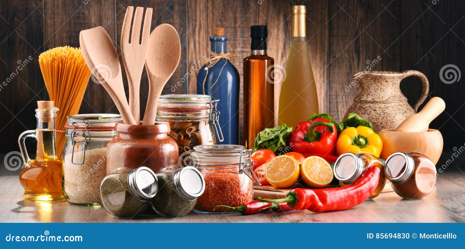 Composition with Assorted Food Products and Kitchen Utensils Stock ...