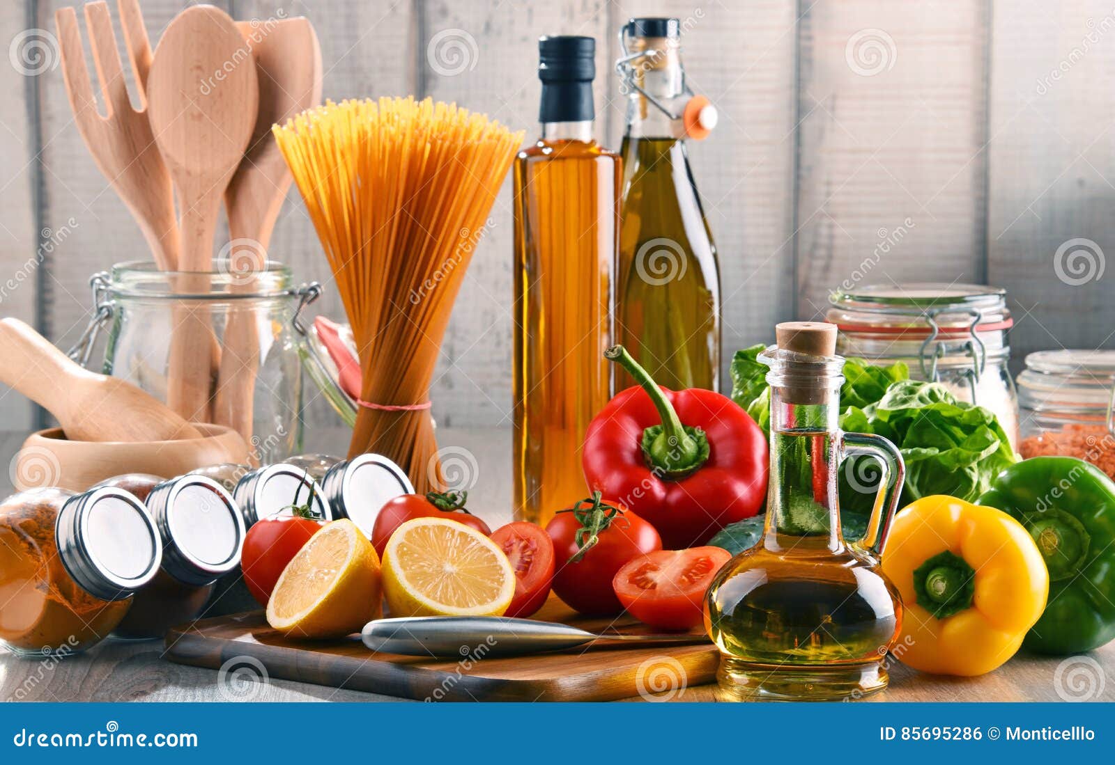Composition with Assorted Food Products and Kitchen Utensils Stock ...