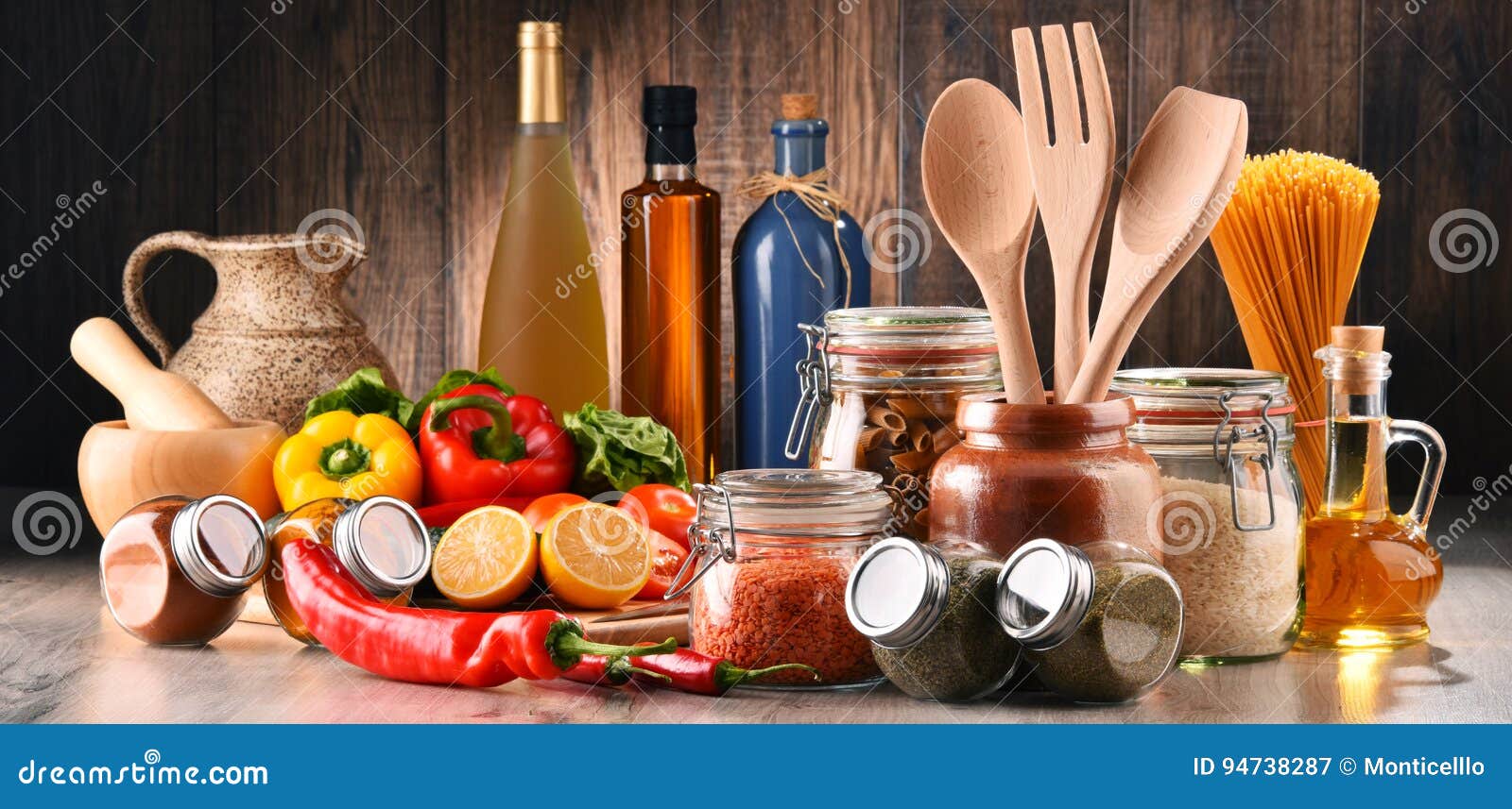 Composition with Assorted Food Products and Kitchen Utensils Stock ...