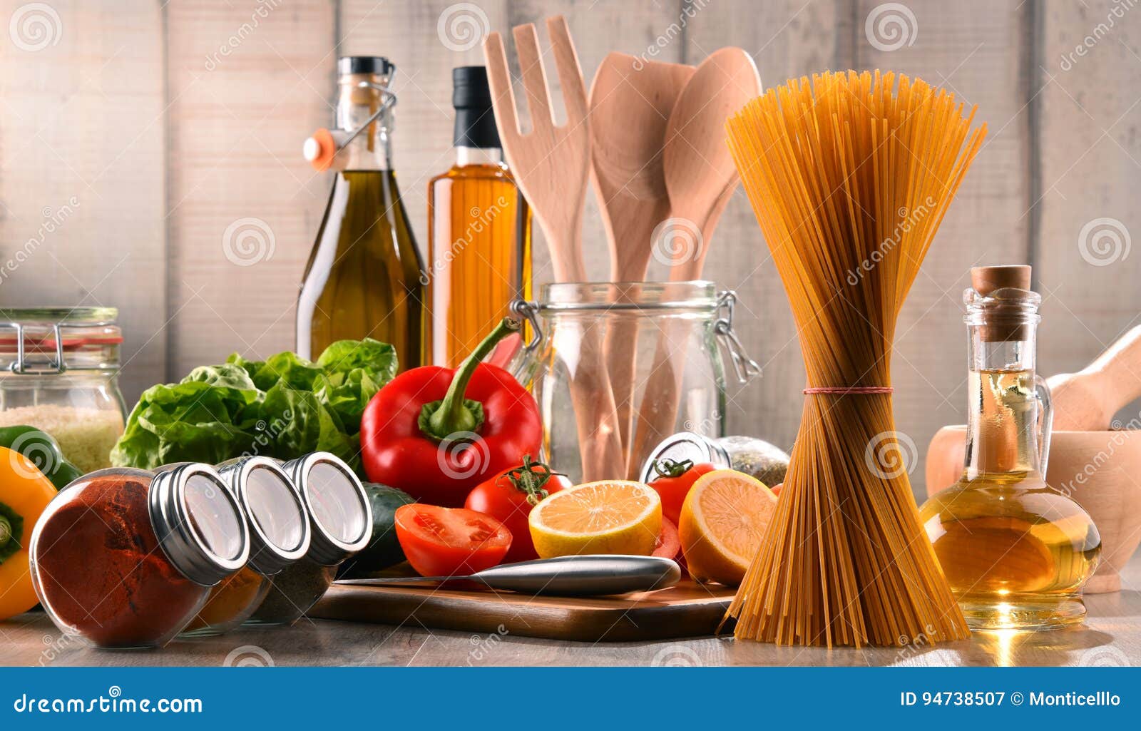 Composition with Assorted Food Products and Kitchen Utensils Stock ...