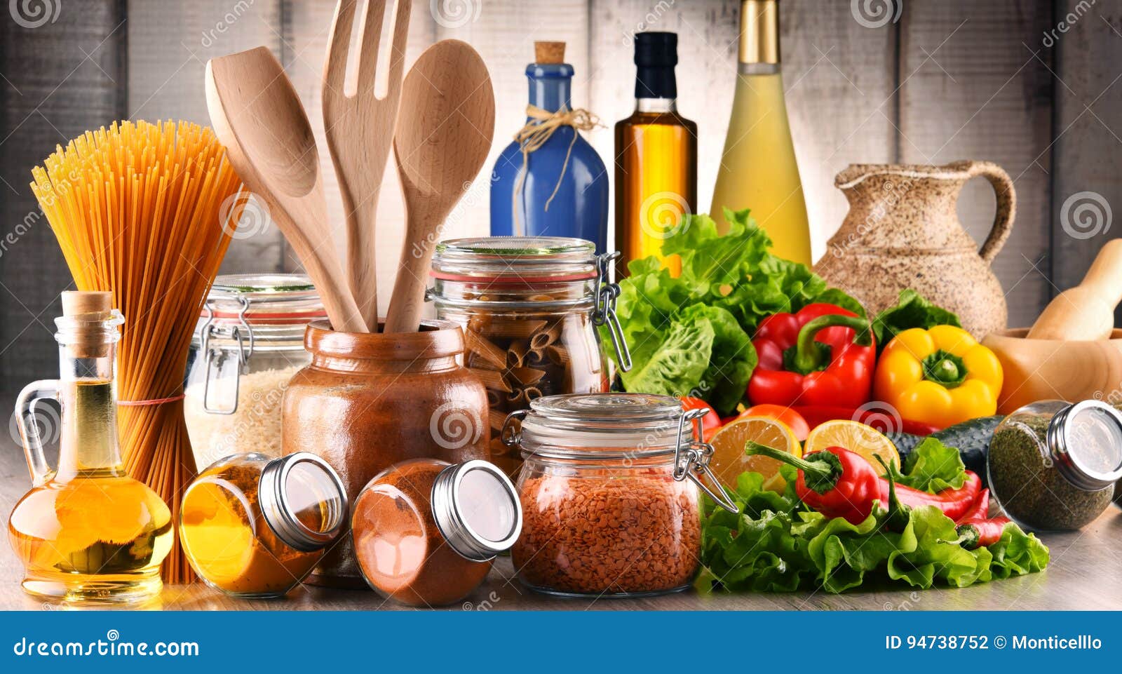 Composition with Assorted Food Products and Kitchen Utensils Stock ...