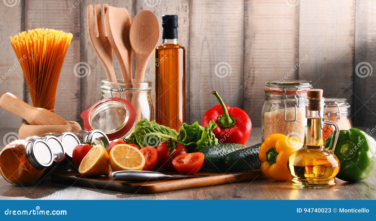 Composition with Assorted Food Products and Kitchen Utensils Stock ...