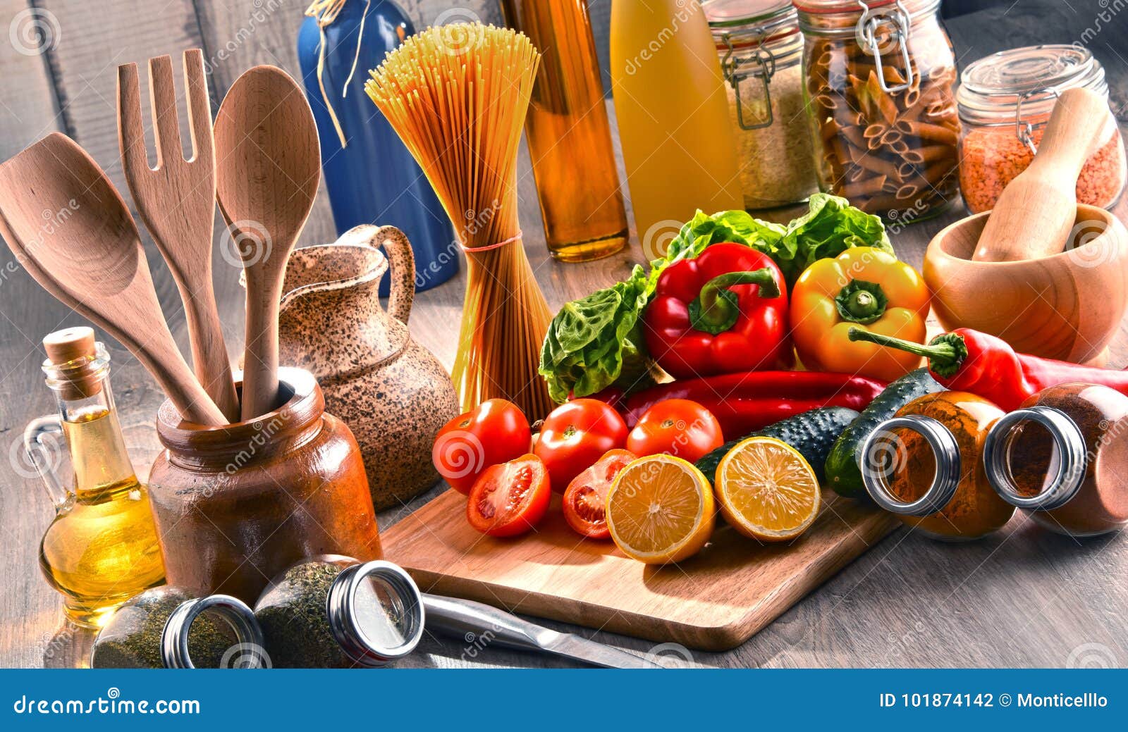 Composition with Assorted Food Products and Kitchen Utensils Stock ...