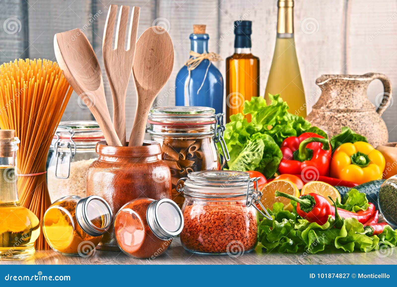 Composition with Assorted Food Products and Kitchen Utensils Stock ...