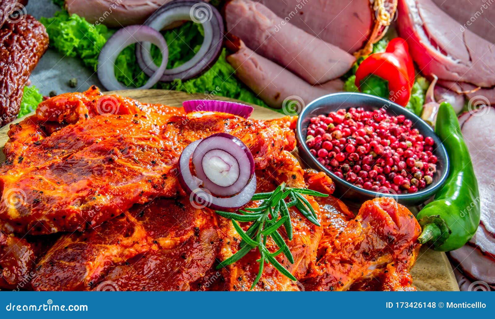 Composition with Assorted Meat Products Stock Photo - Image of onion ...