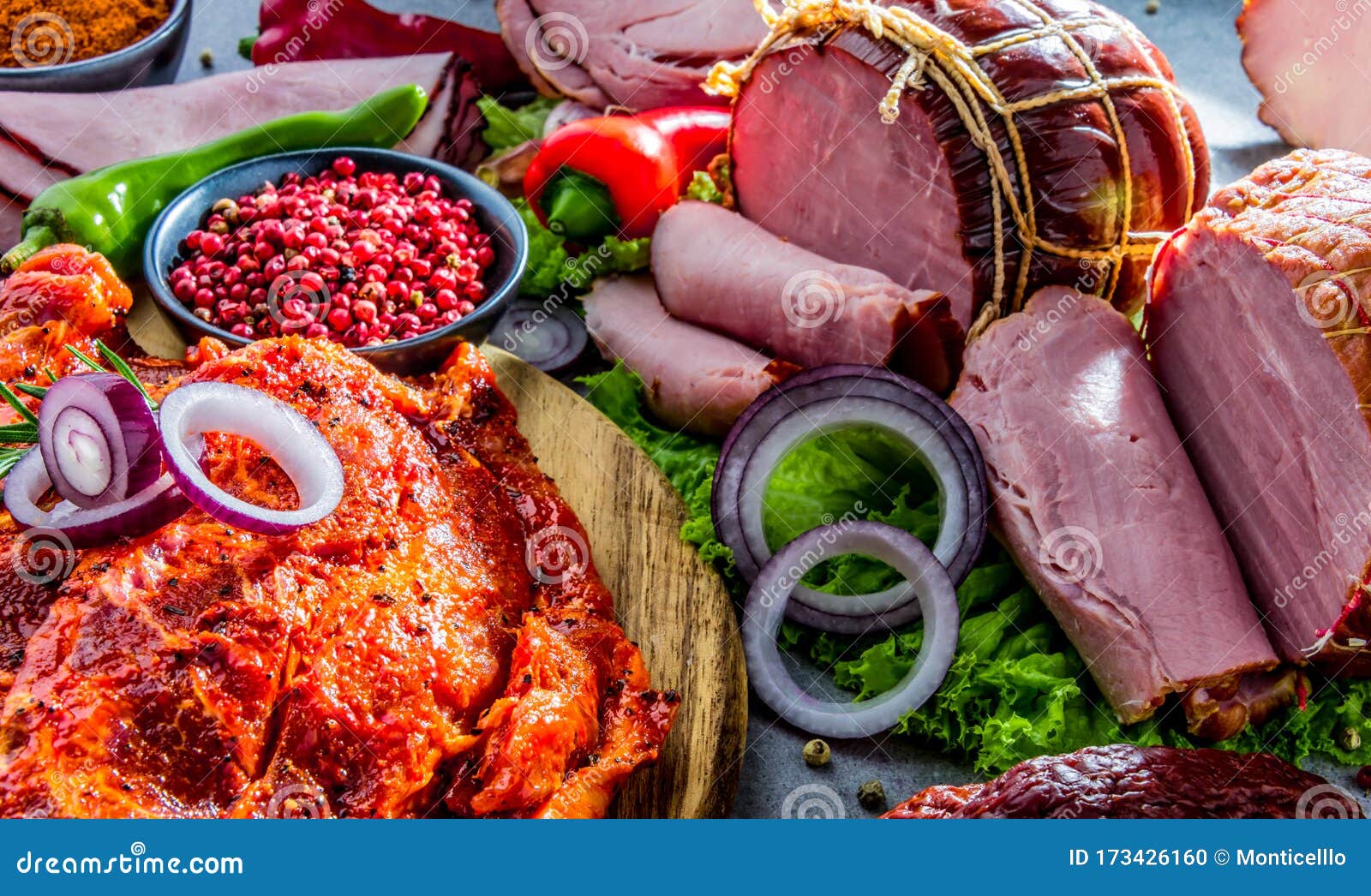 Composition with Assorted Meat Products Stock Photo - Image of steak ...