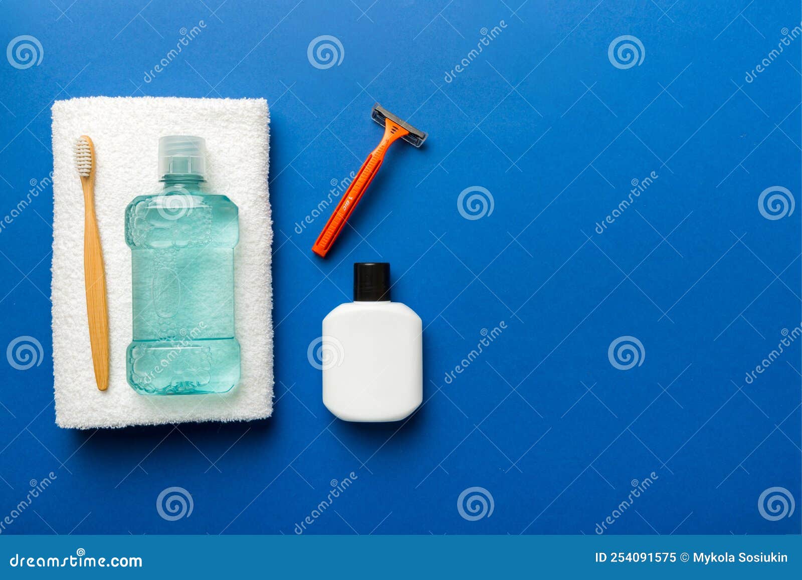Composition with Bath Cosmetics on Table. Razor, Toothpaste, Soap, Gel ...