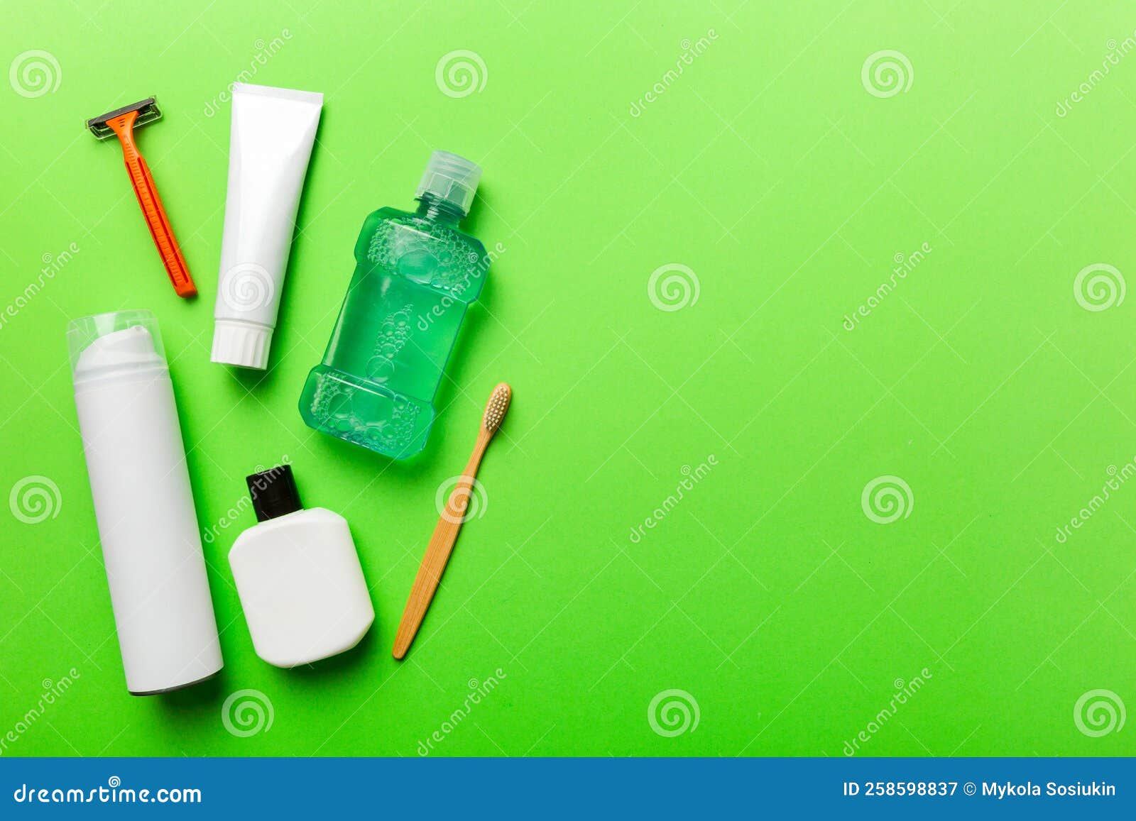 Composition with Bath Cosmetics on Table. Razor, Toothpaste, Soap, Gel ...