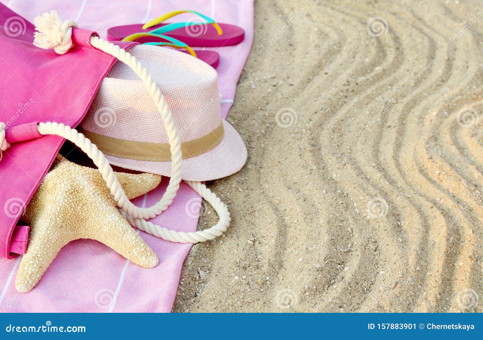 Composition with Beach Accessories on Sand Stock Image - Image of coast ...