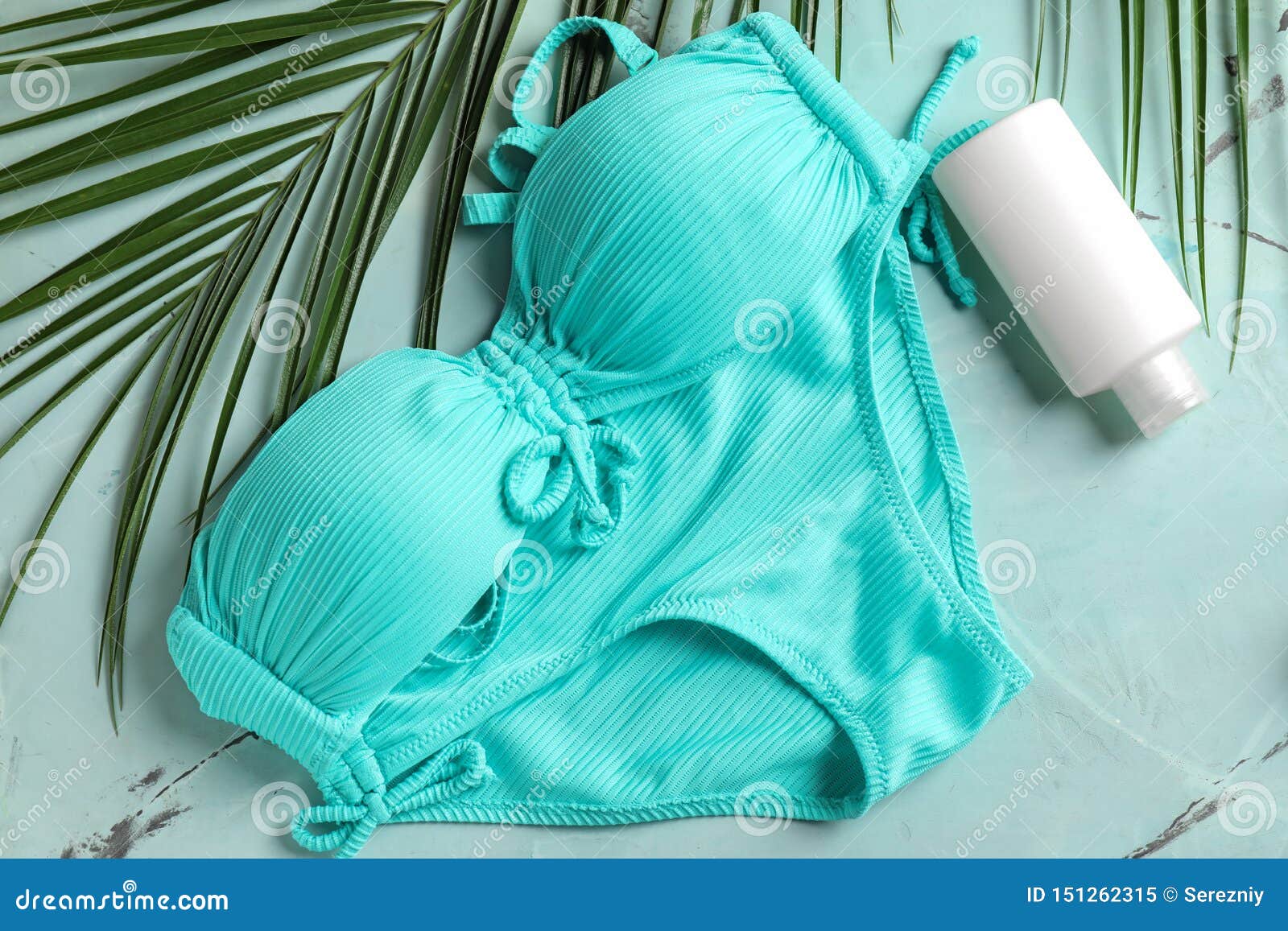 Composition with Beach Items and Tropical Leaves on Light Background ...