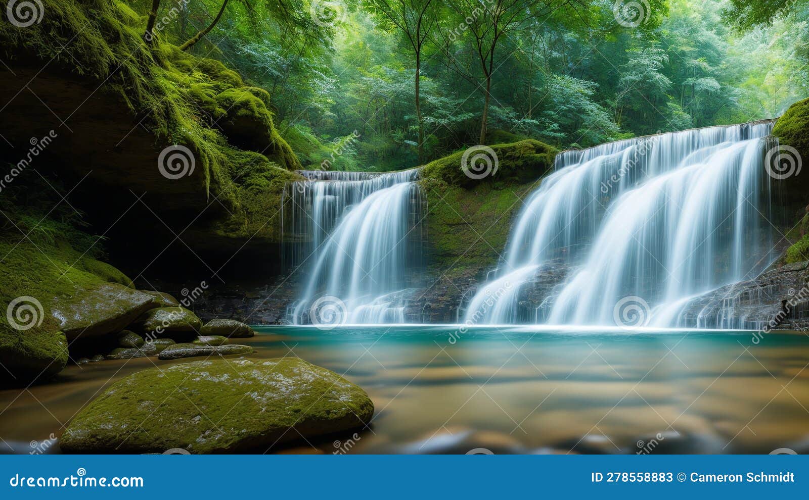 A Composition of a Beautifully Symmetrical Waterfall in a Lush Green ...