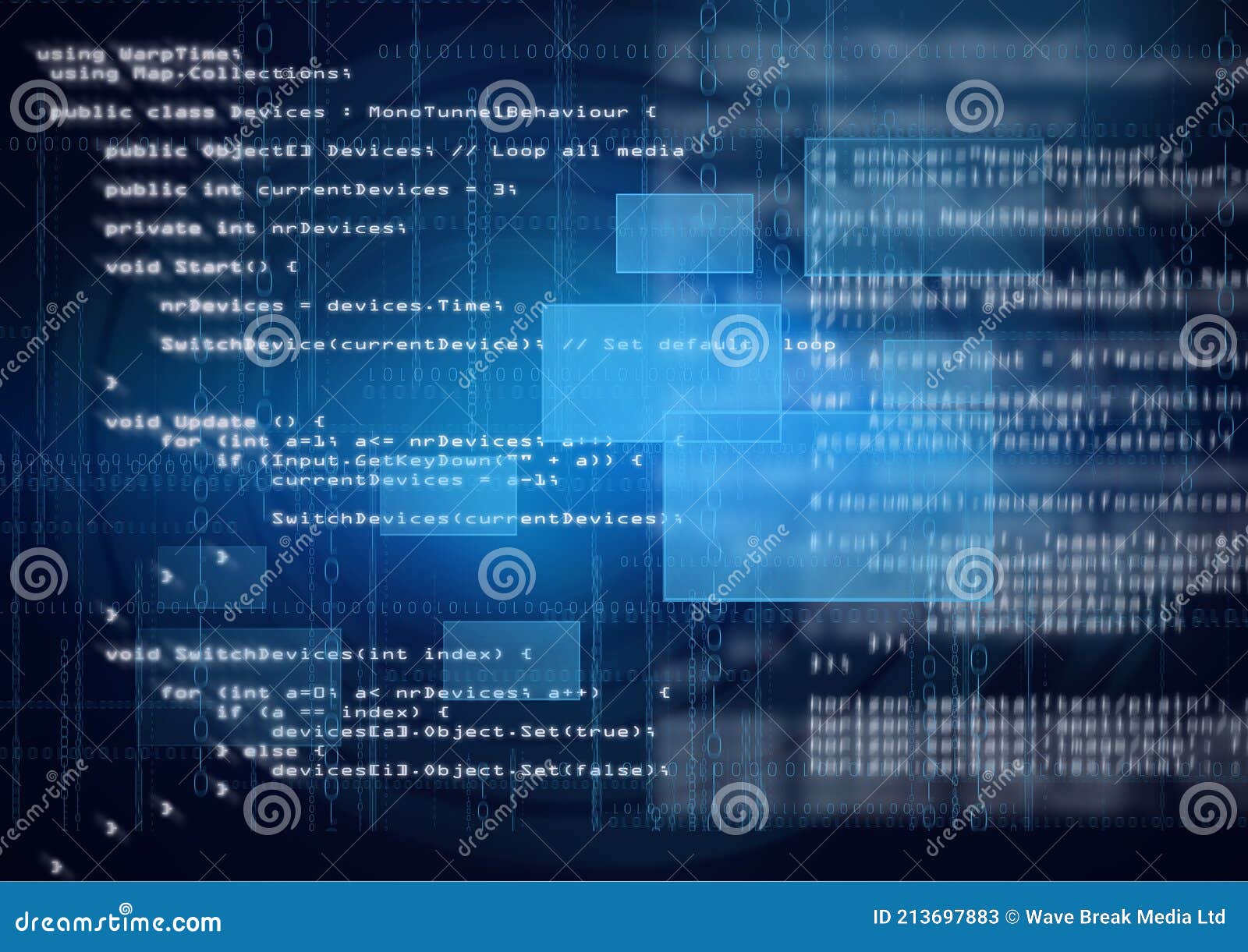Composition of Binary Coding and Data Processing Over Blue Glowing ...