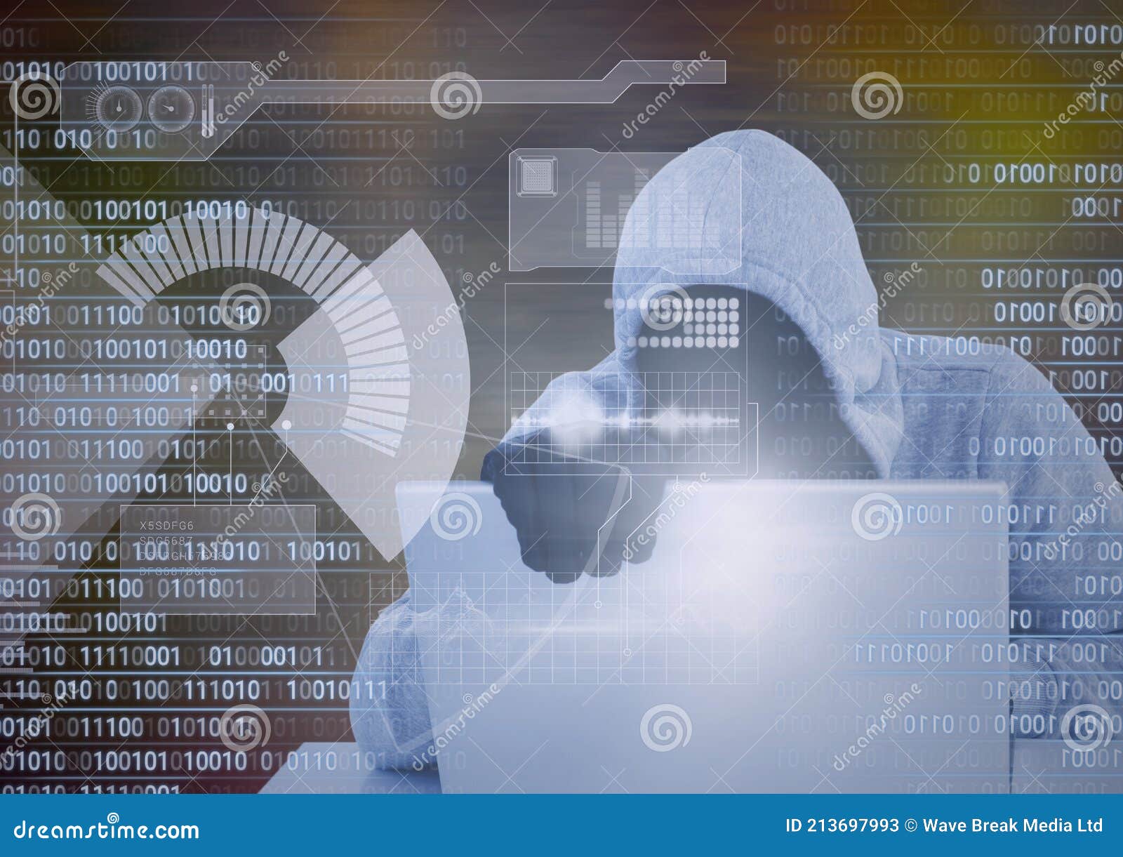 Composition Of Binary Coding And Data Processing Over Hacker In Hood And Gloves Using Laptop