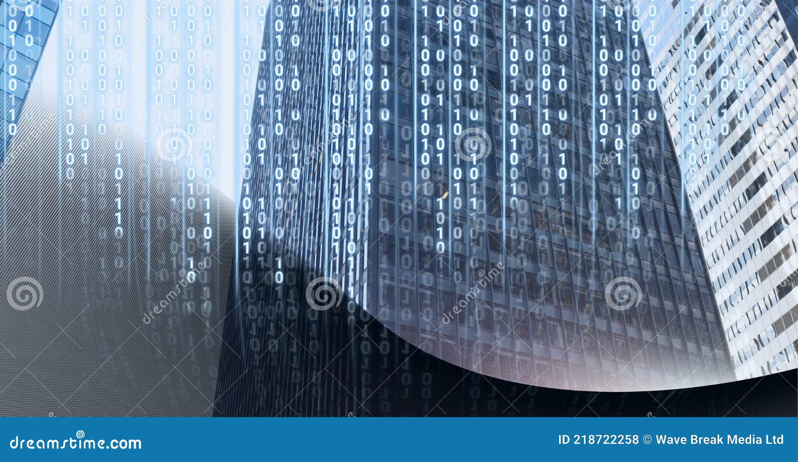 Composition of Binary Coding Over Modern Office Buildings Background Stock Illustration ...