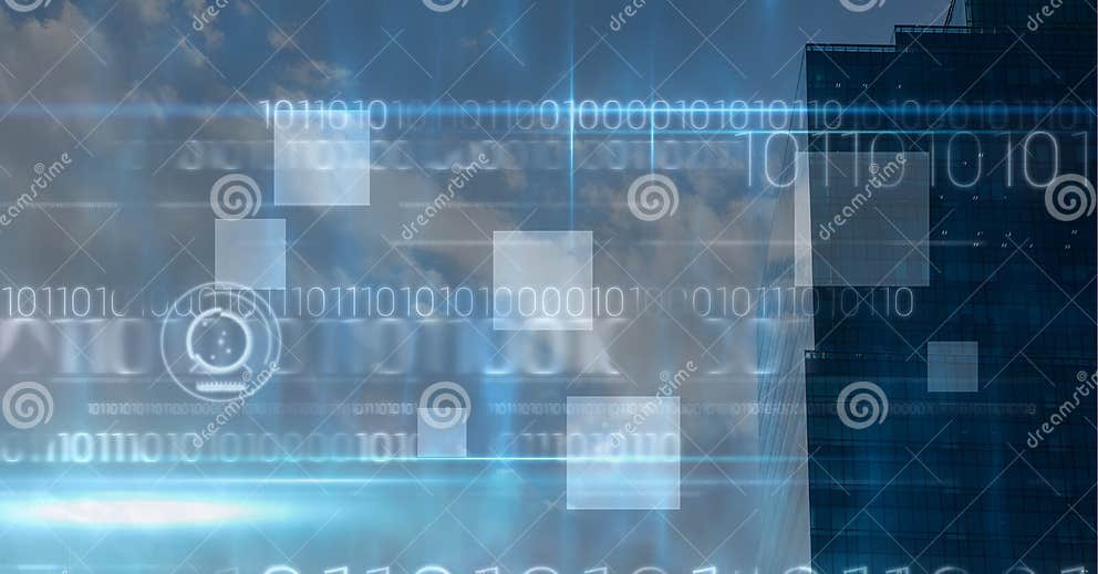 Composition of Binary Coding with Scope Scanning and White Screens Over Cityscape Stock ...