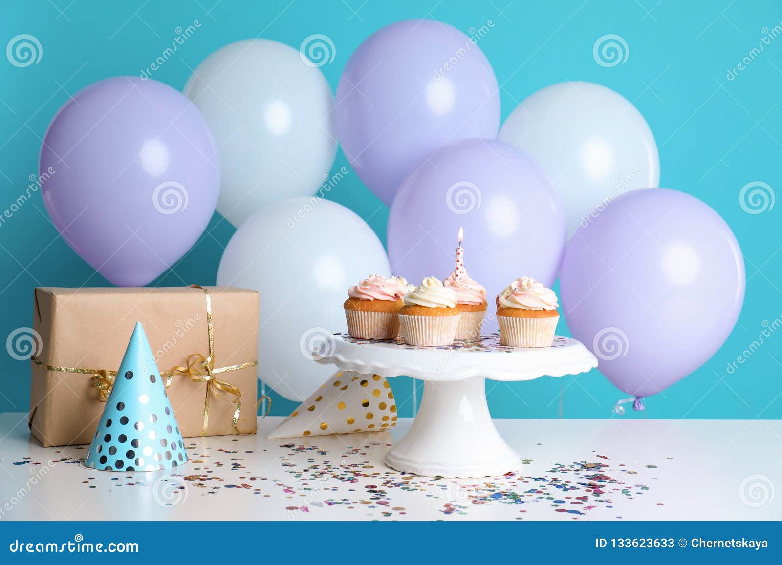Composition with Birthday Cupcakes and Balloons Stock Image - Image of ...