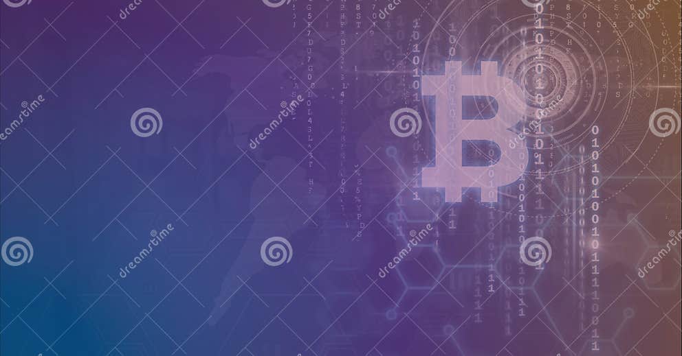 Composition of Bitcoin Symbol, Binary Coding Processing on World Map Background Stock ...