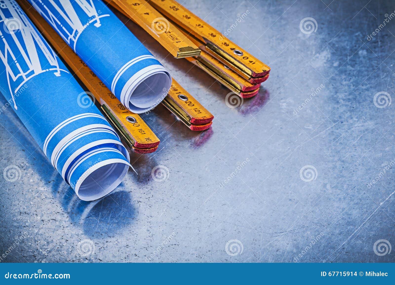 Composition of Blue Construction Drawings Wooden Meter on Metall Stock ...