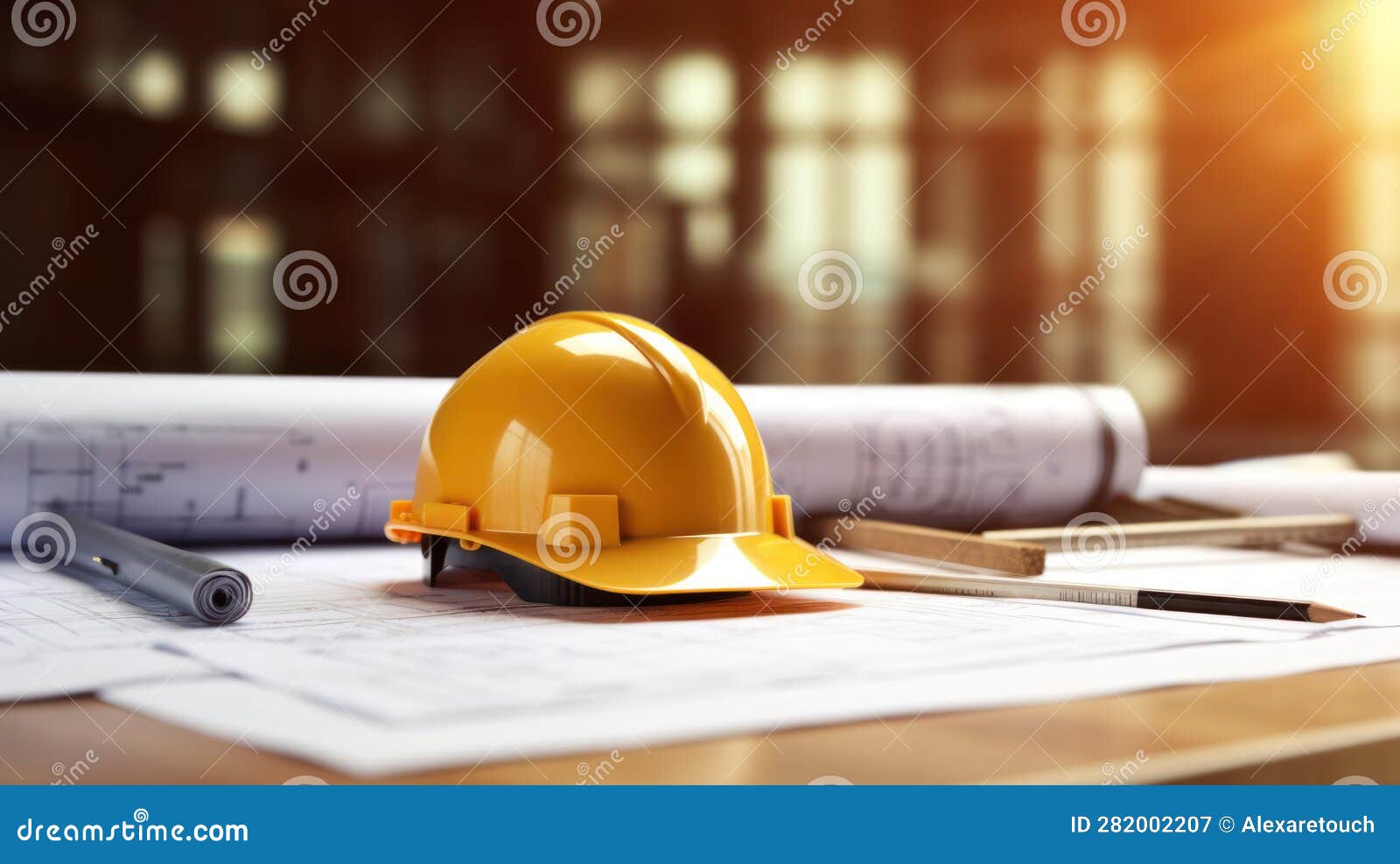 Composition with Blueprints at the Construction Site. Place for Text ...
