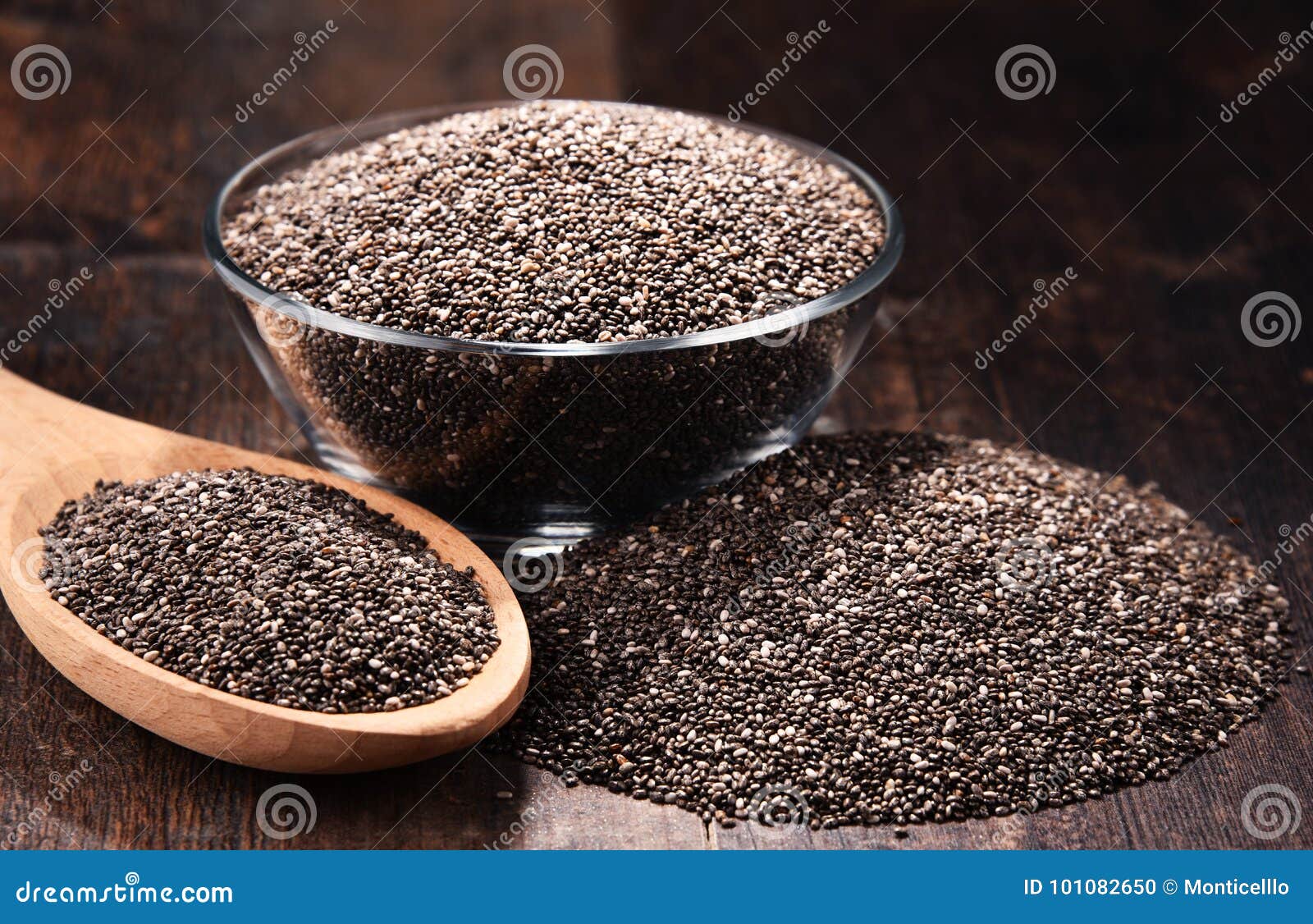Composition with Bowl of Chia Seeds on Wooden Table Stock Photo - Image ...