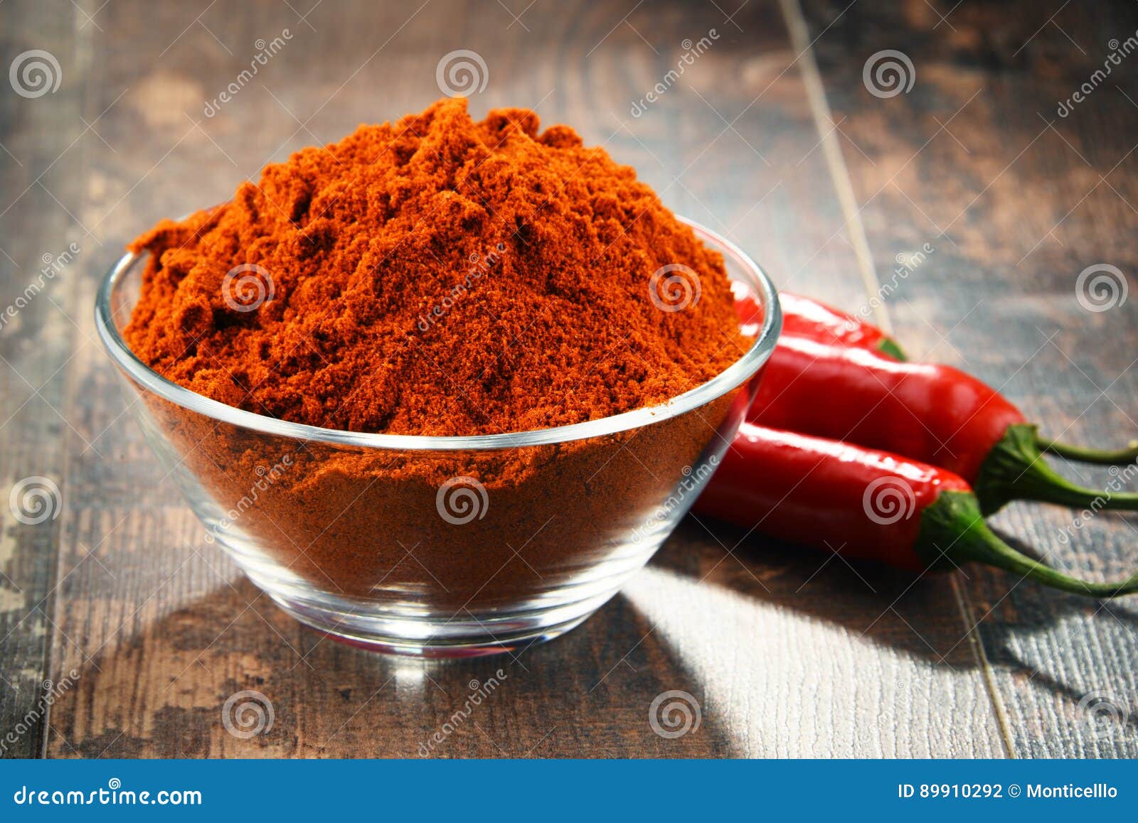 Composition with Bowl of Chili Powder on Wooden Table Stock Photo ...